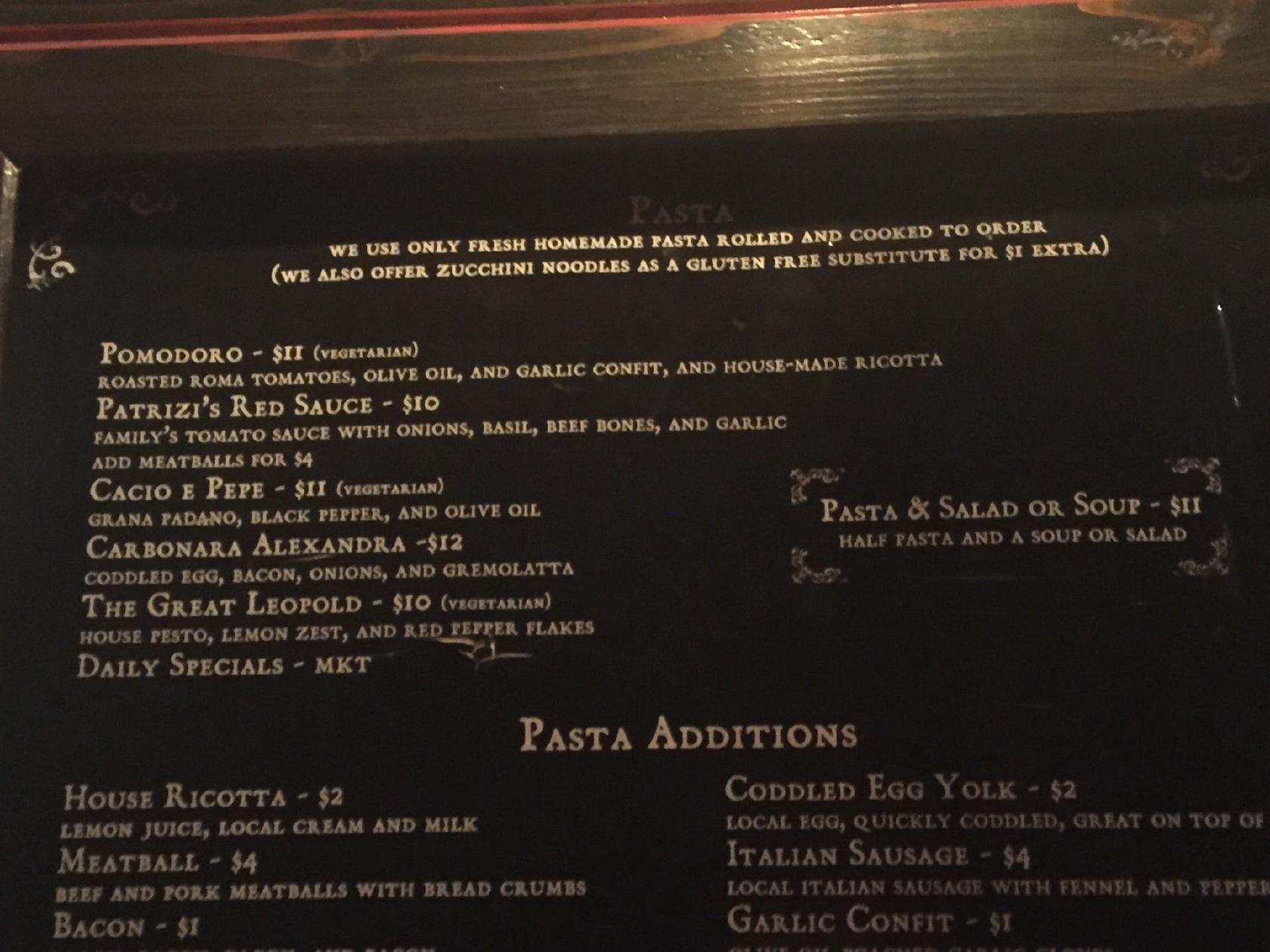 Menu at Patrizi's restaurant, Austin, Manor Rd