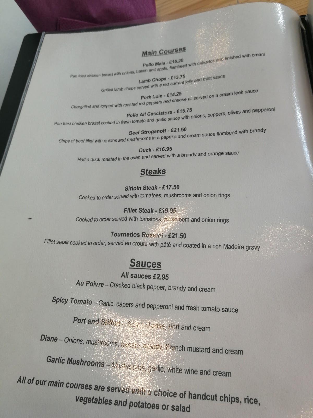 Menu at Portofinos restaurant, Cockermouth