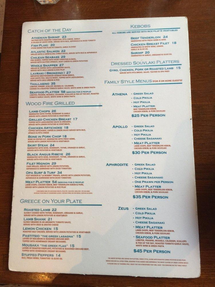 Menu at Taverna Opa restaurant, Hollywood