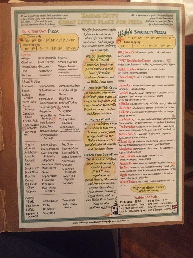 Menu at Waldo Pizza pub & bar, Kansas City, Broadway St