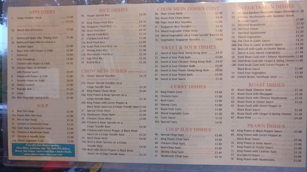 Menu at China Cottage fast food, London, 225 Nether St