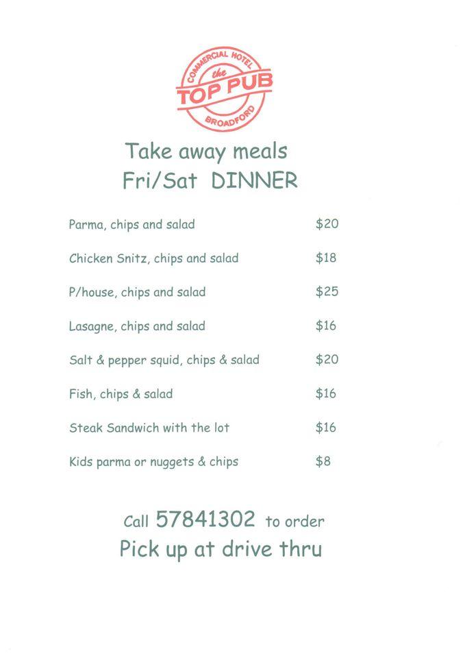 Menu at Commercial Hotel Broadford pub & bar, Broadford
