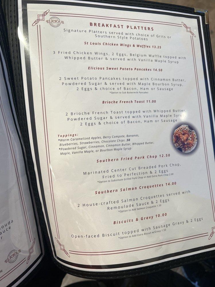 Menu at Elicious Southern Style Breakfast and Brunch restaurant, Ferguson