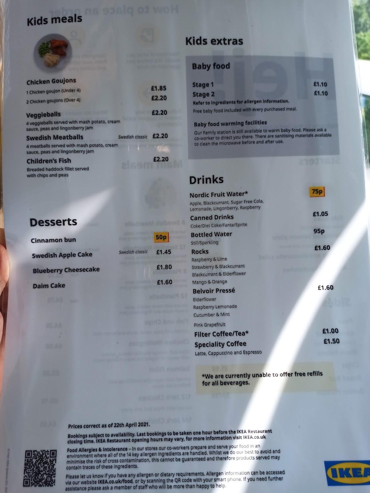 Menu at IKEA Restaurant, Milton Keynes