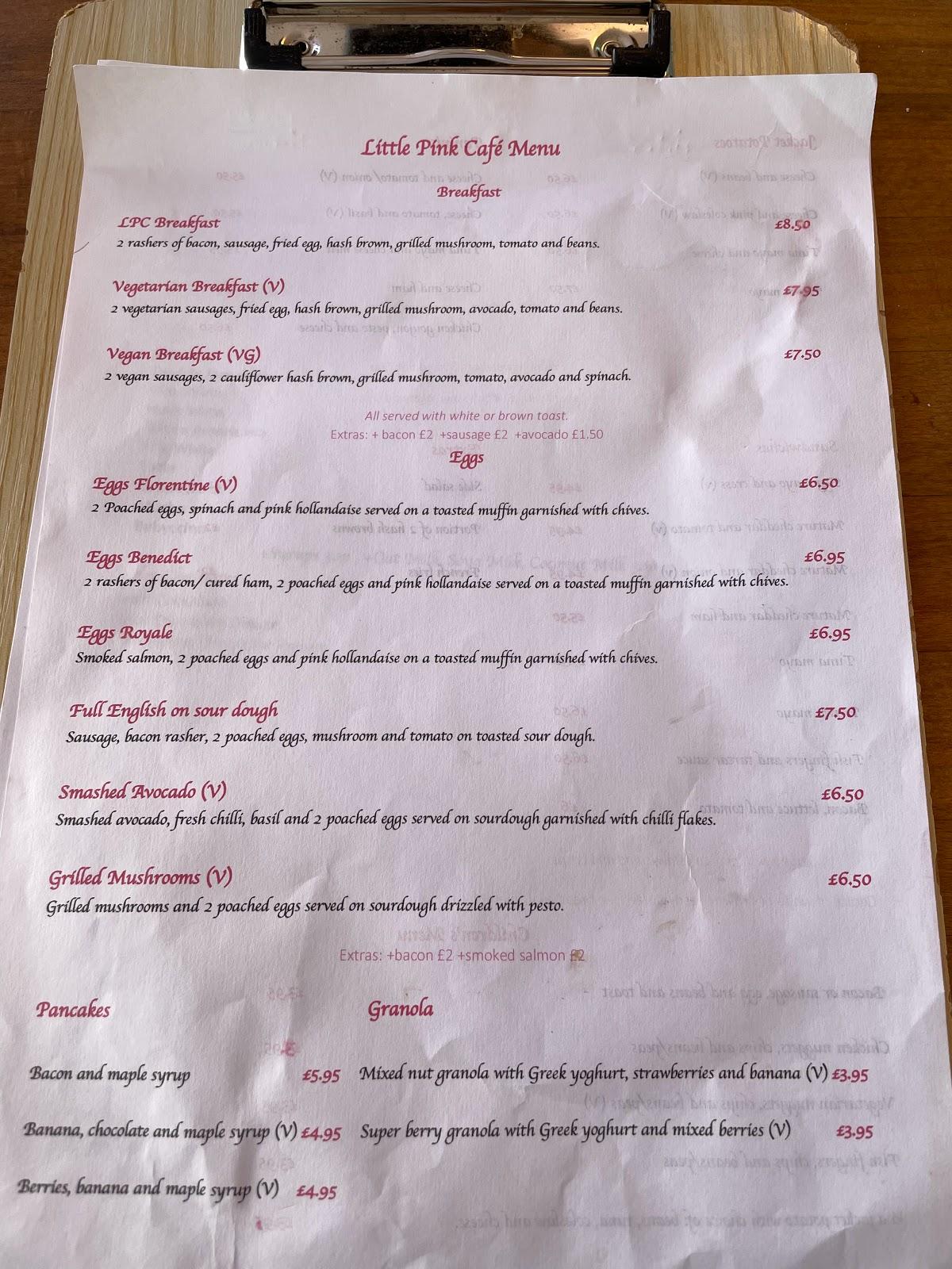 Menu at Little Pink Cafe, Bristol