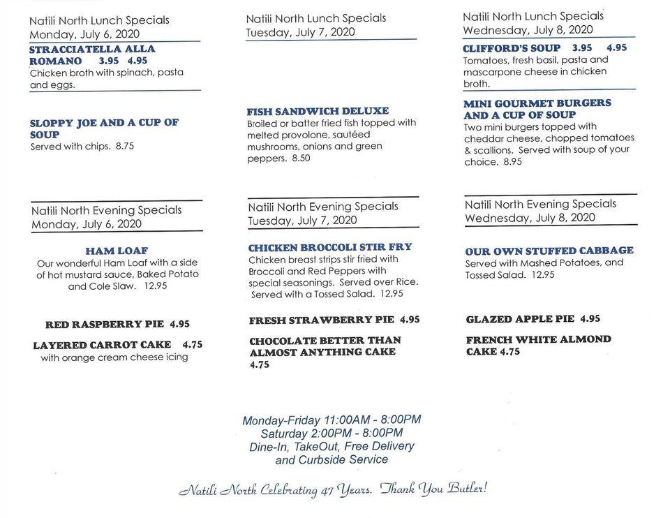 Menu at Natili North pizzeria, Butler
