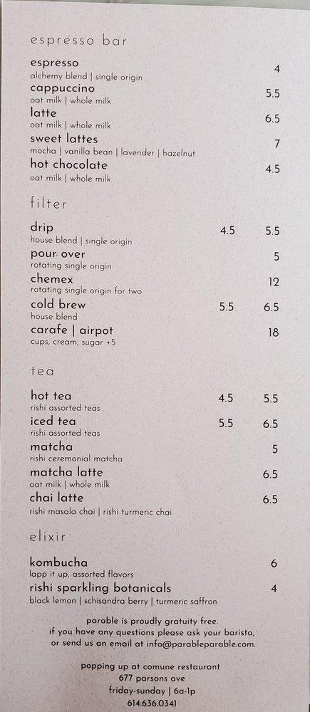 Menu at Parable Coffee, Columbus, 677 Parsons Ave