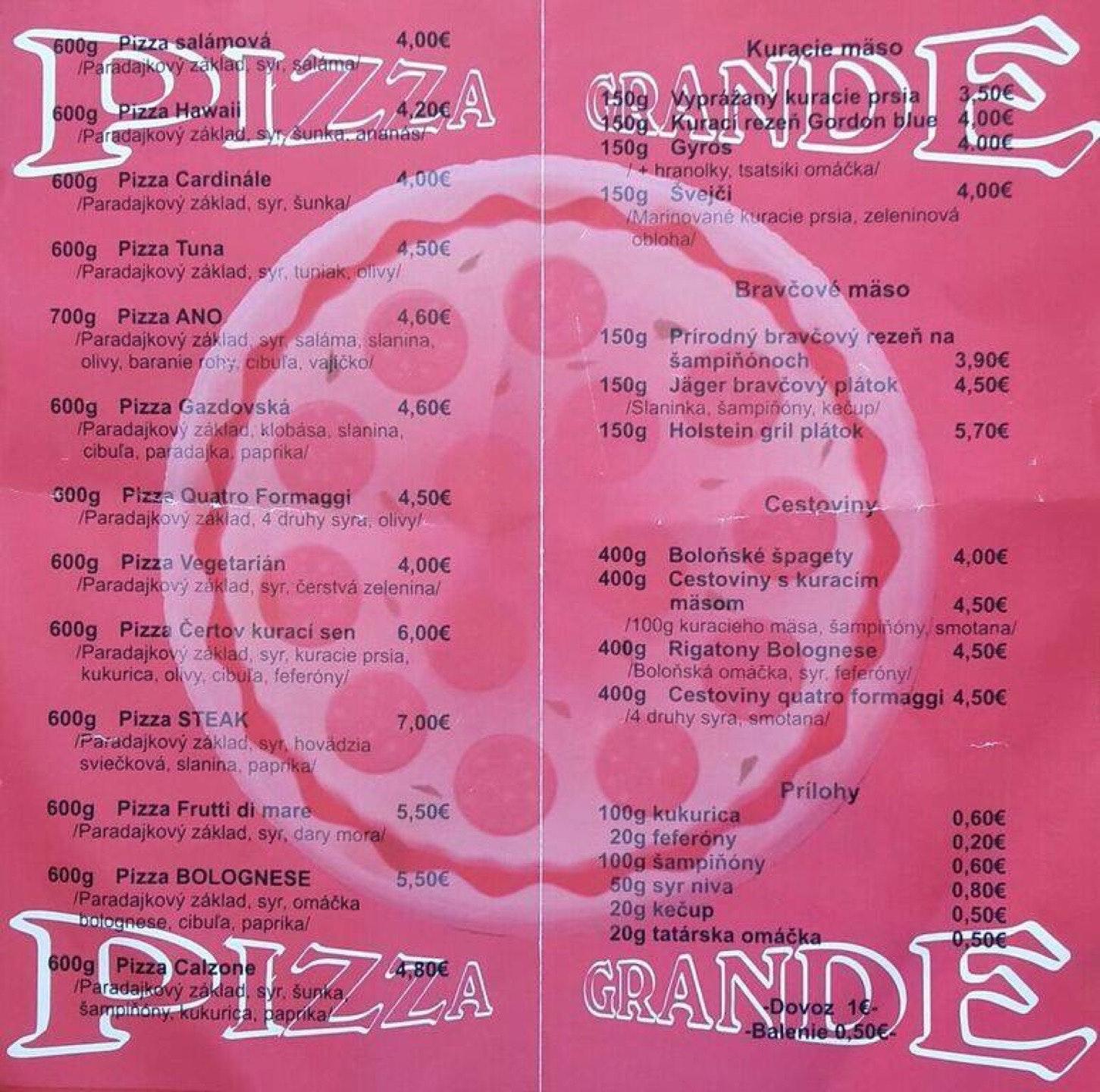 Menu at Restaurant Pizzeria Grande, Sečovce