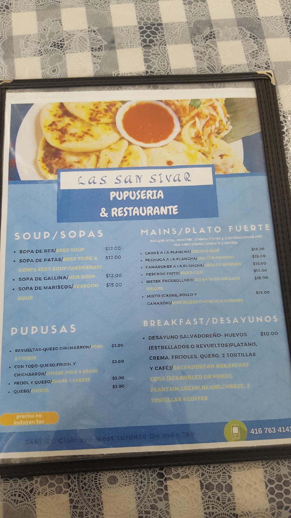 Menu at San Sivar restaurant, Toronto