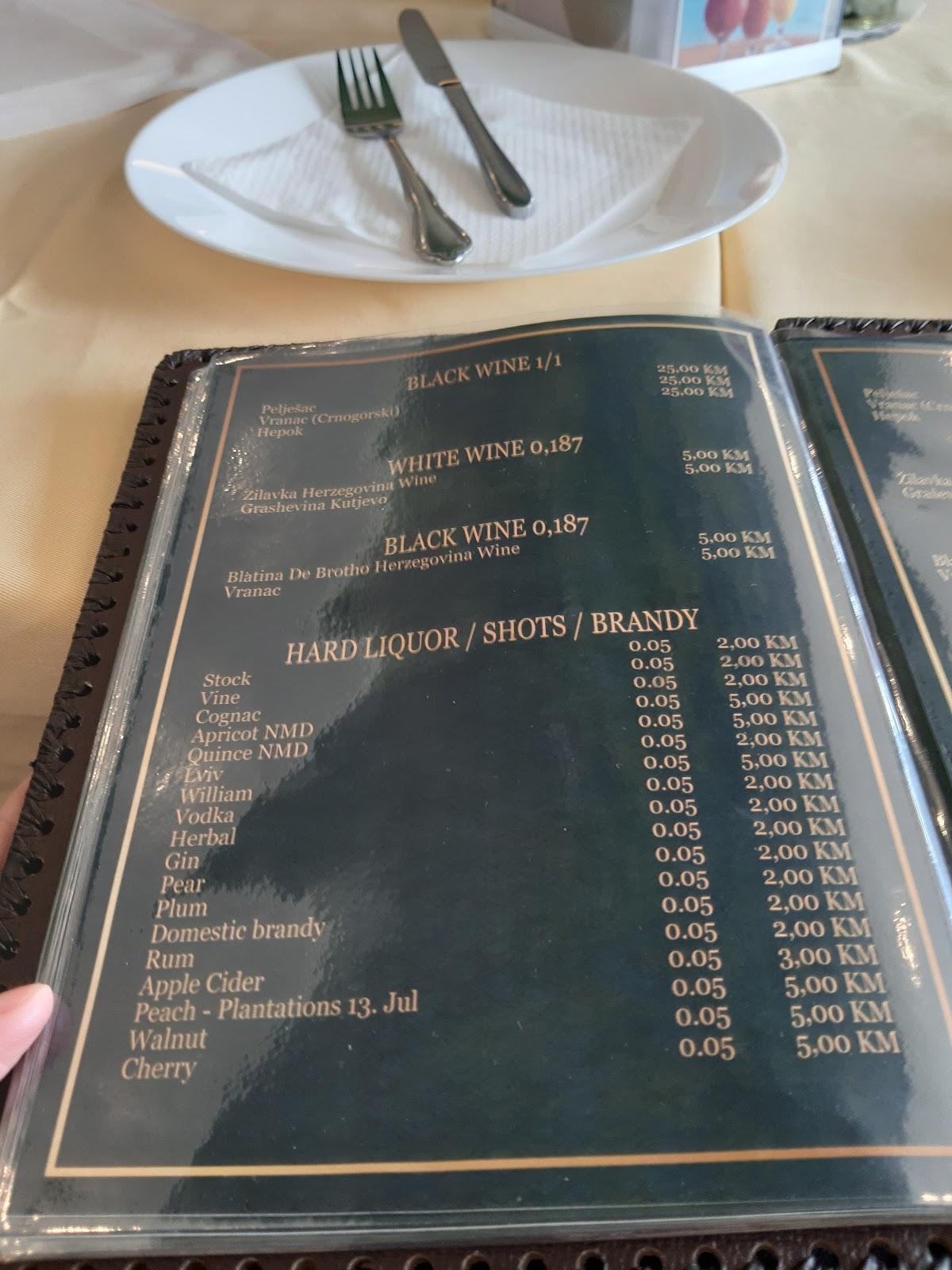 Menu at Sjaj restaurant, Sarajevo