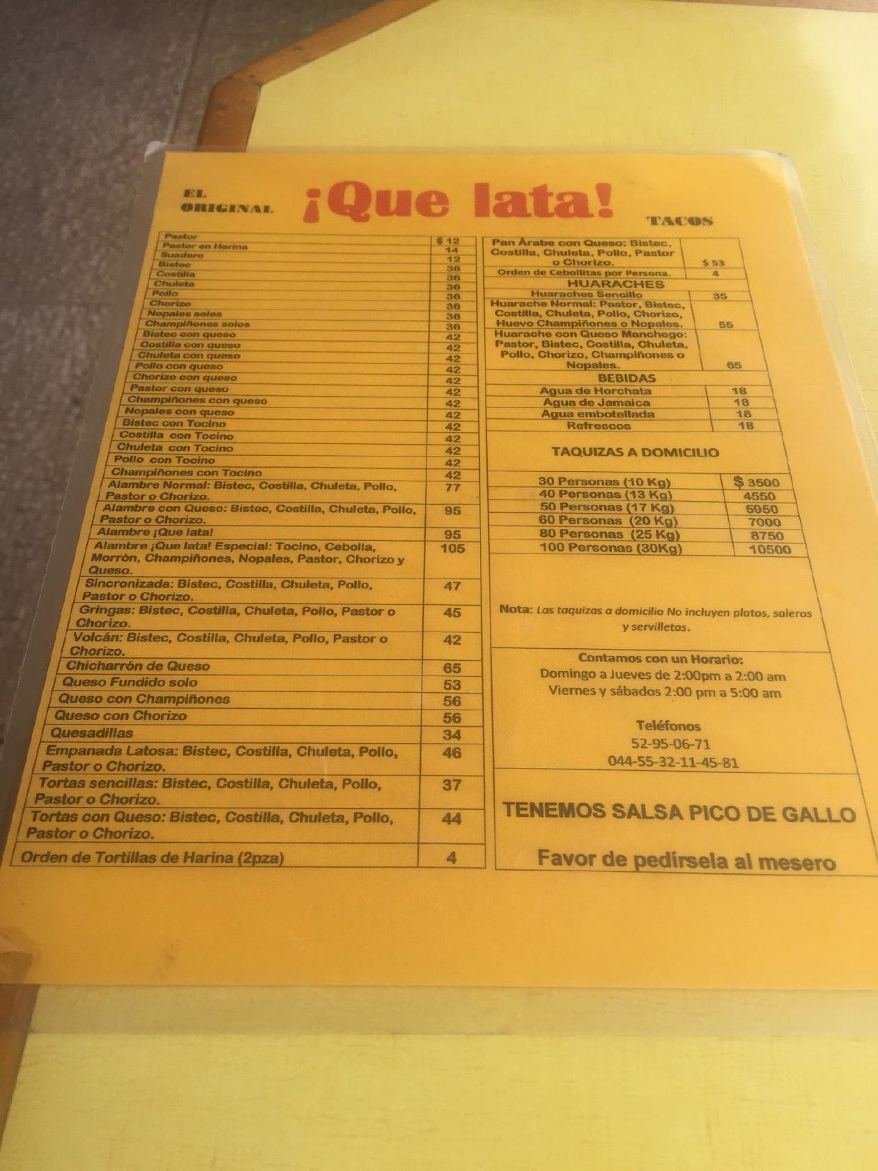 Menu at Tacos ¡Que Lata! restaurant, Naucalpan, C. Emilio G. Baz 38