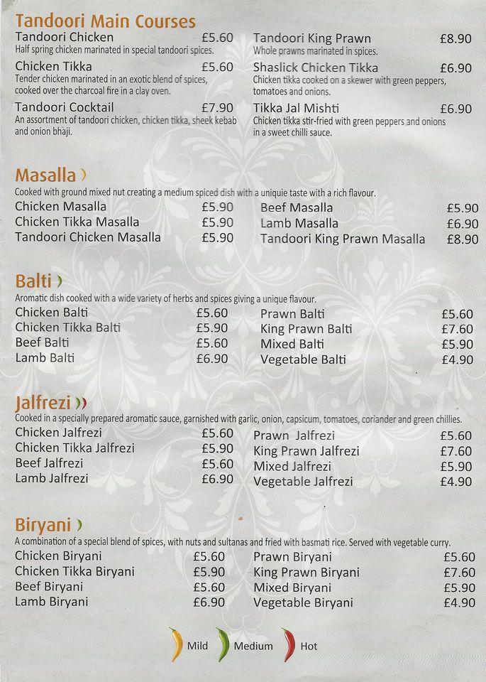 Menu at Taj Balti Hut fast food, Boldon Colliery