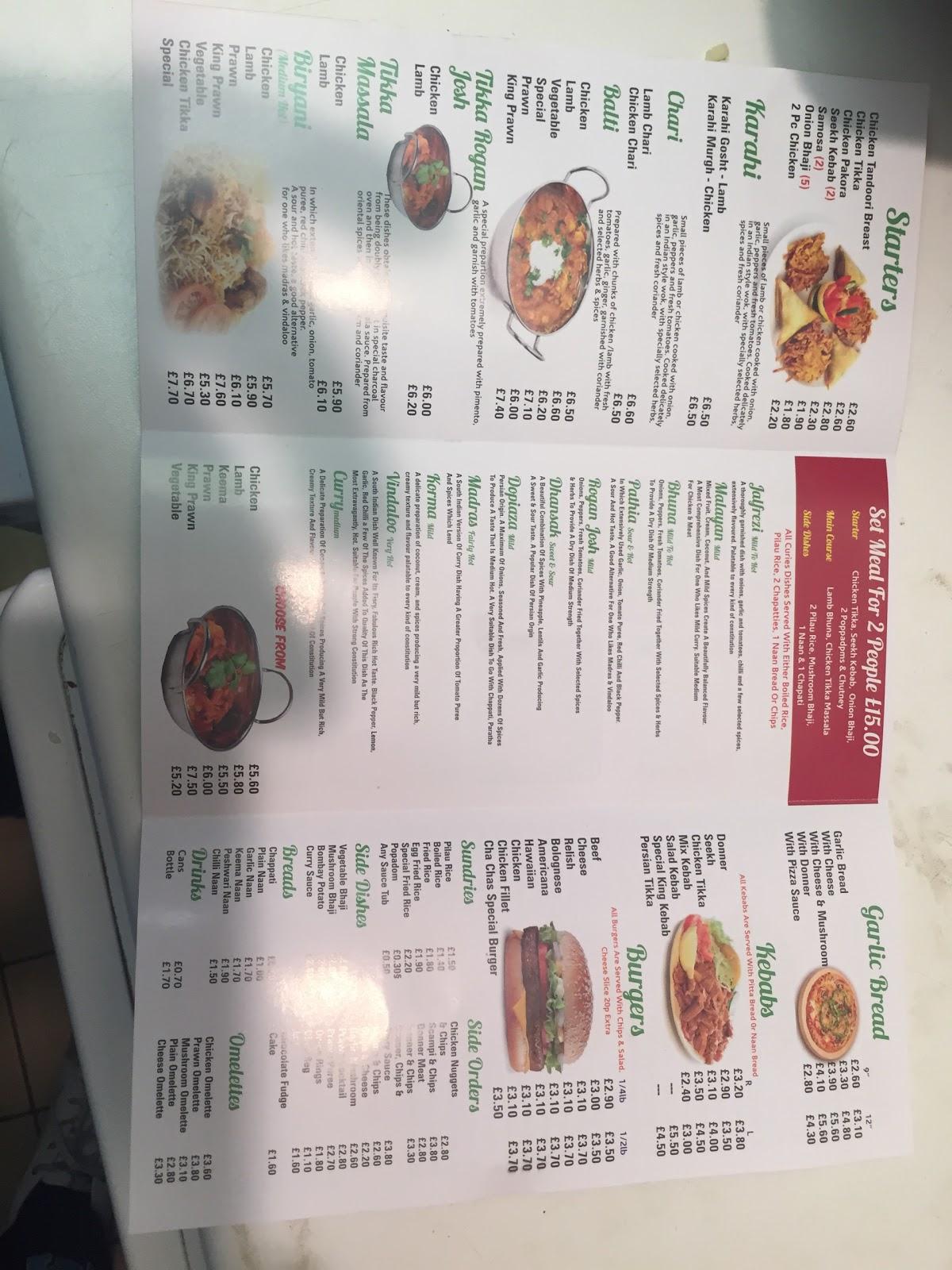 Menu at Cha-Chas fast food, Burnley