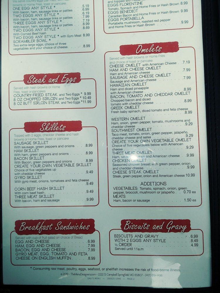 Menu at Dali's Cafe, Manitowoc