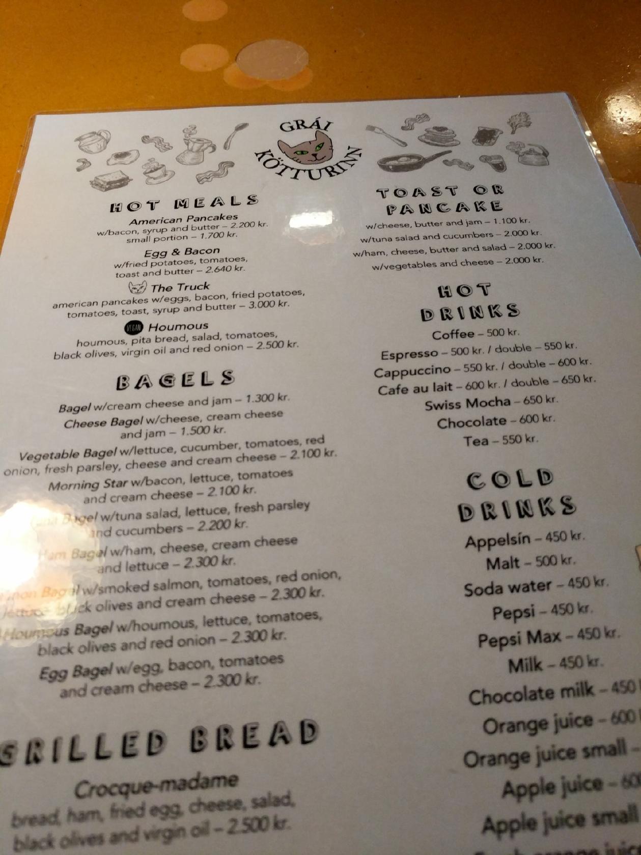 Menu at Grái kötturinn coffee house, Reykjavík