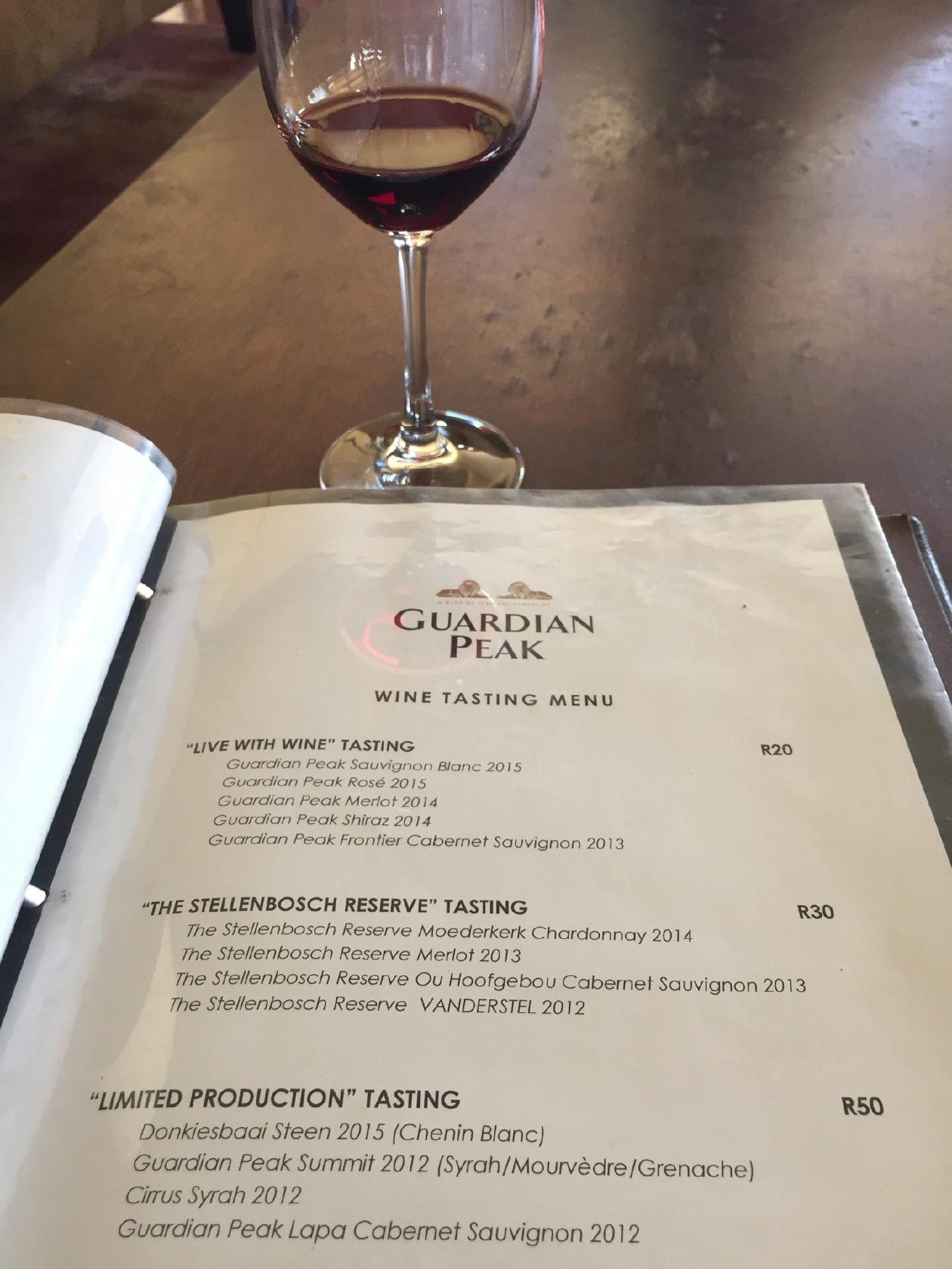 Menu at Guardian Peak Winery & Grill restaurant, Stellenbosch