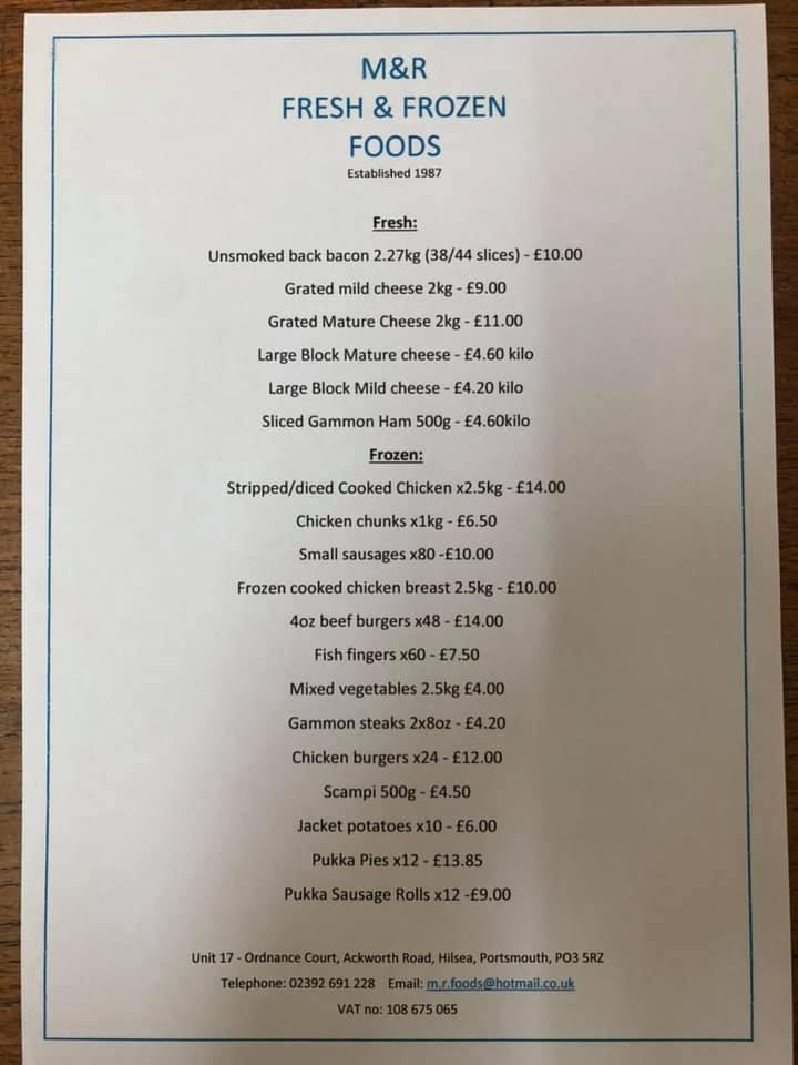 Menu at M&R Fresh and Frozen Foods restaurant, Portsmouth