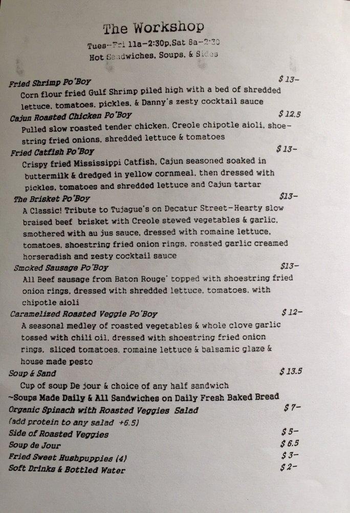 Menu at The Workshop restaurant, Benicia