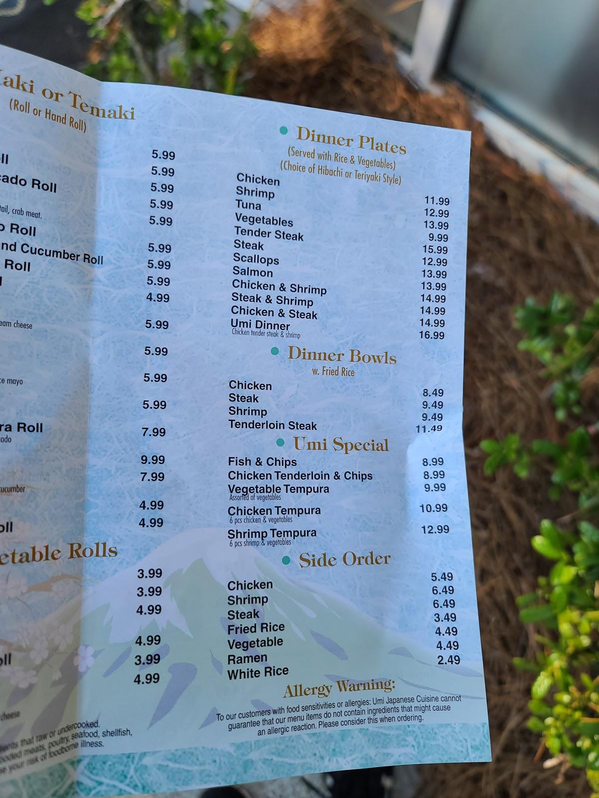 Menu at Umi Japanese Restaurant, Mount Pleasant