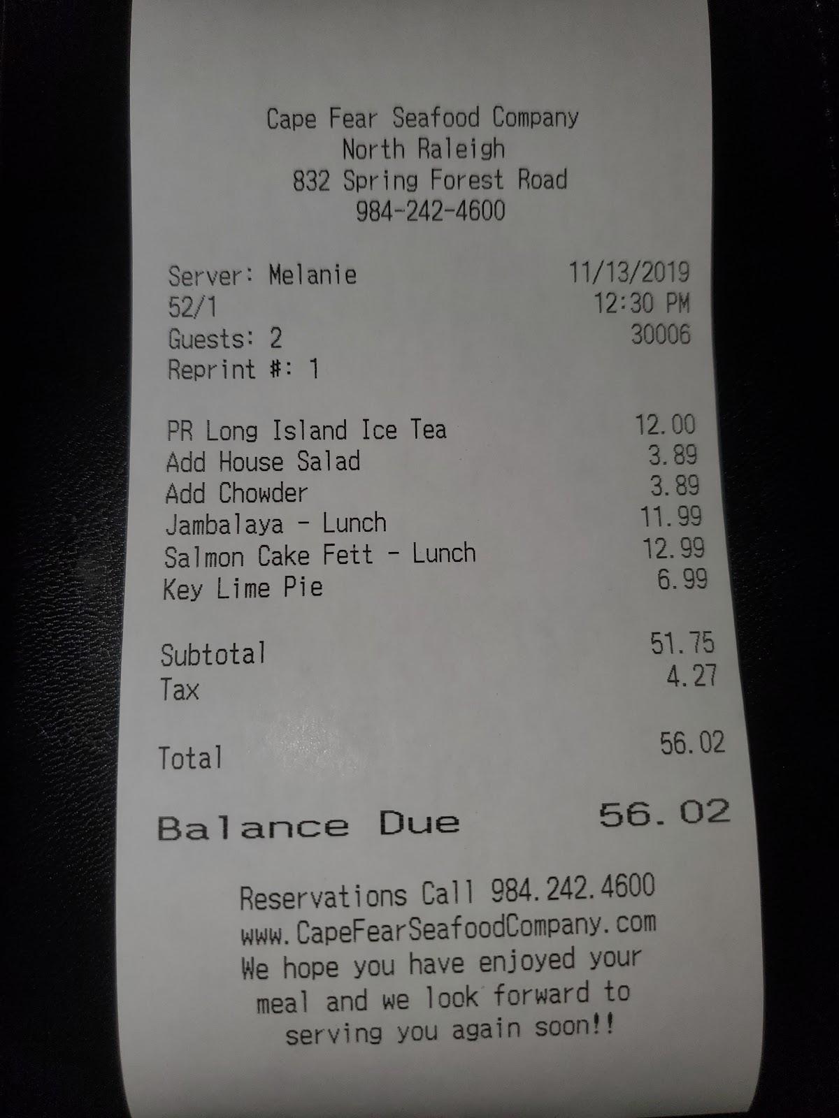 Menu at Cape Fear Seafood Company restaurant, Raleigh, 832 Spring Forest Rd