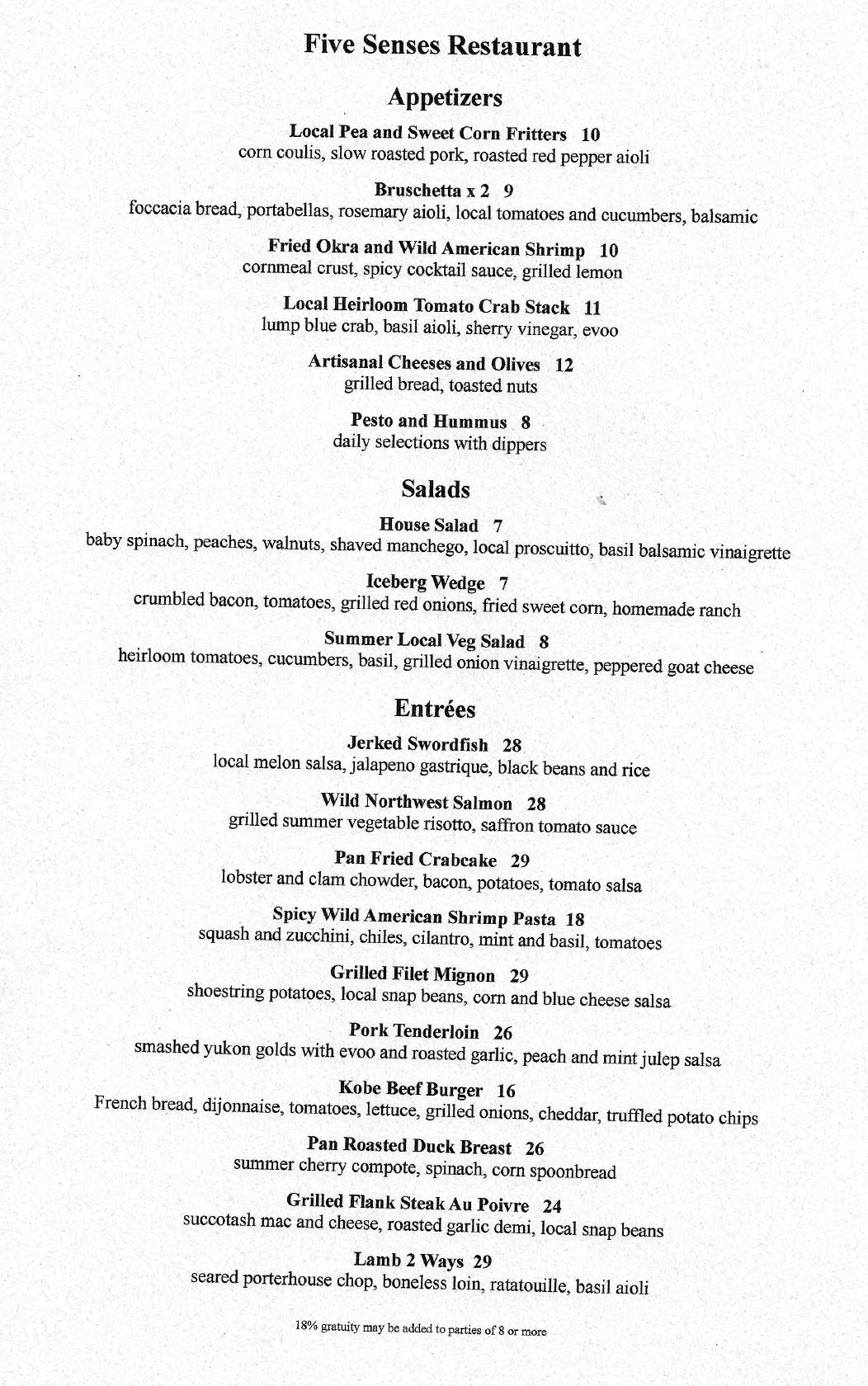 Menu at Five Senses Restaurant, Bar & Catering, Murfreesboro