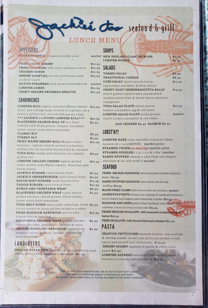 Menu at Jackie's Too pub & bar, Ogunquit, 91 Perkins Cove Rd