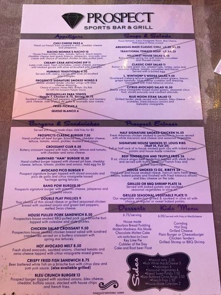 Menu at Prospect Bar And Grill, Little Rock
