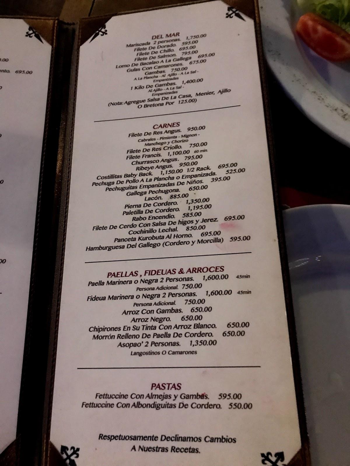 Menu at El Gallego restaurant, Santo Domingo, C. César Nicolás Penson 76