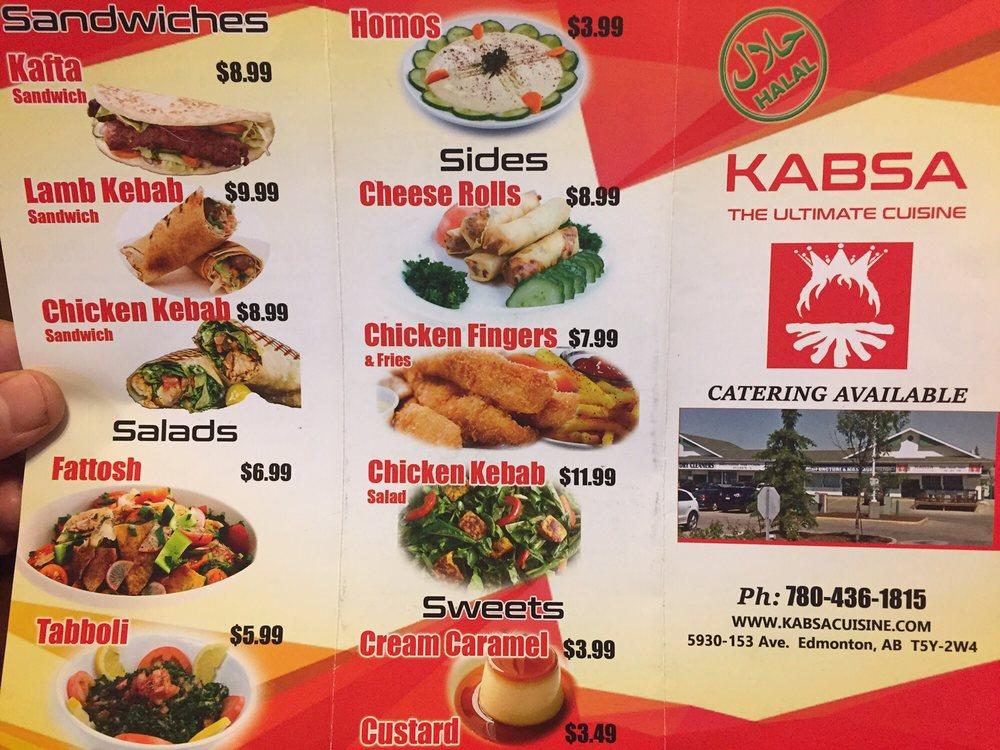 Menu at Kabsa restaurant, Edmonton, 153 Ave NW
