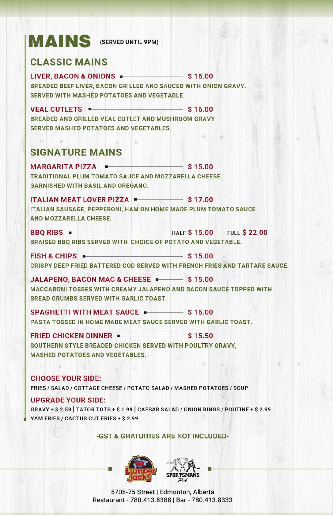 Menu at Lumberjack's Restaurant, Edmonton