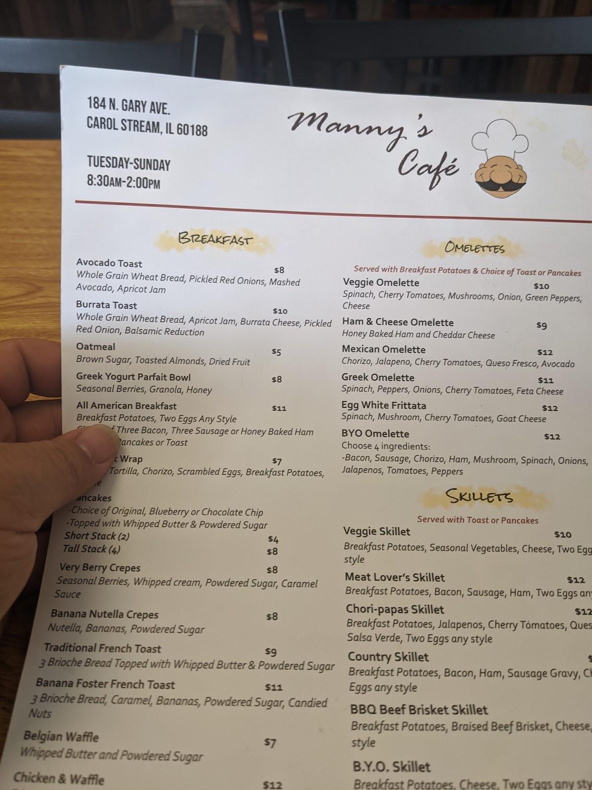 Menu at Manny’s Café restaurant, Carol Stream