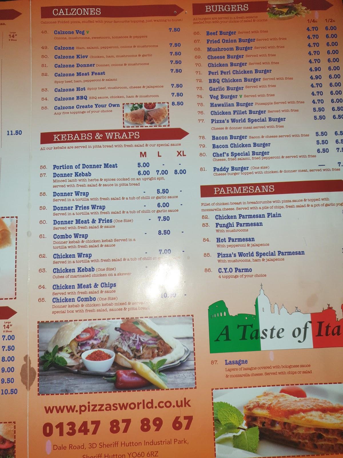 Menu at Pizza’s World restaurant, Sheriff Hutton