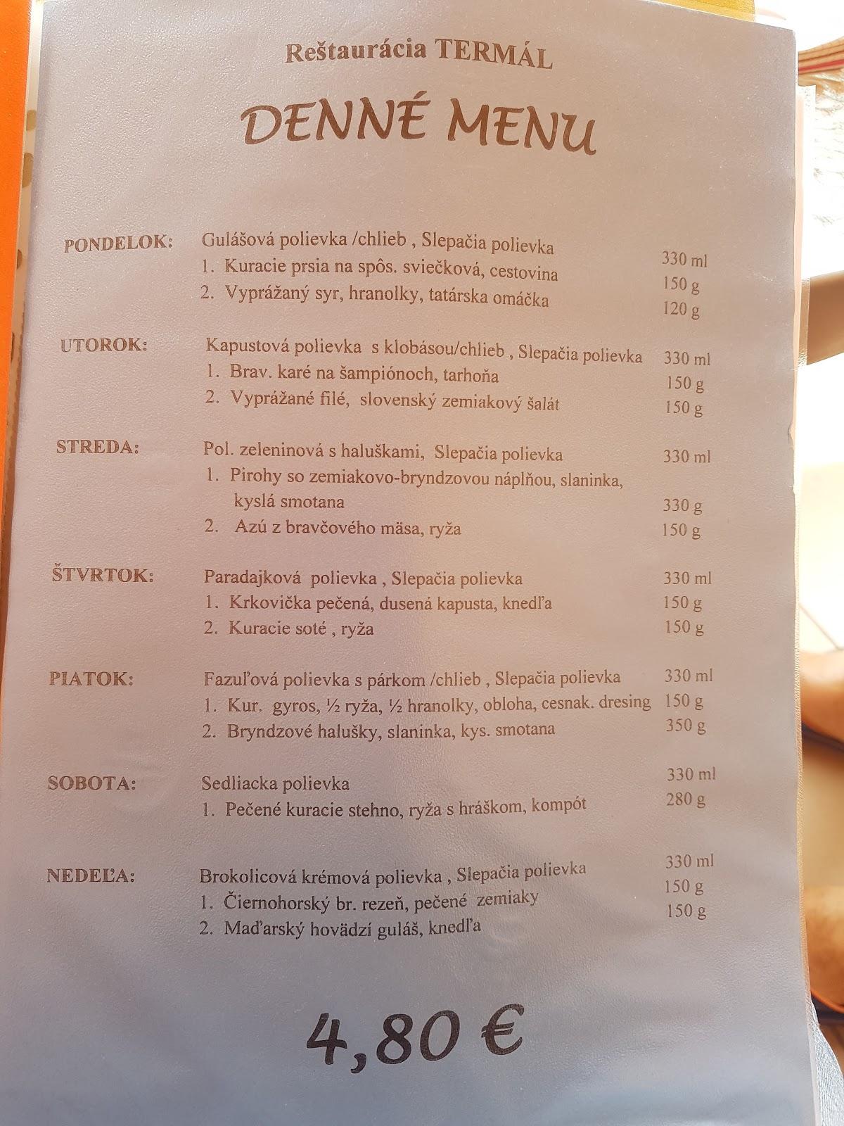 Menu at Reštaurácia TERMAL Patince kúpele restaurant, Patince