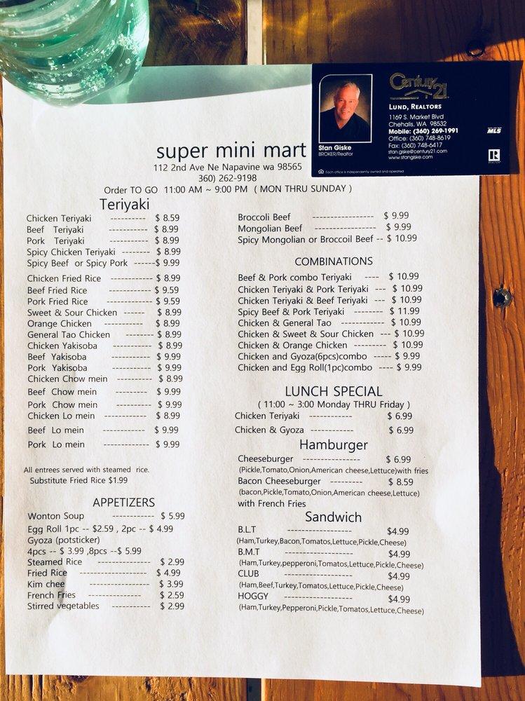 Menu at super mini mart, Napavine