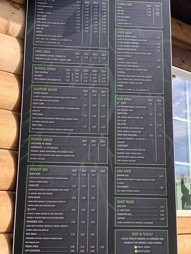 Menu at Taproot Espresso pub & bar, Coeur d'Alene