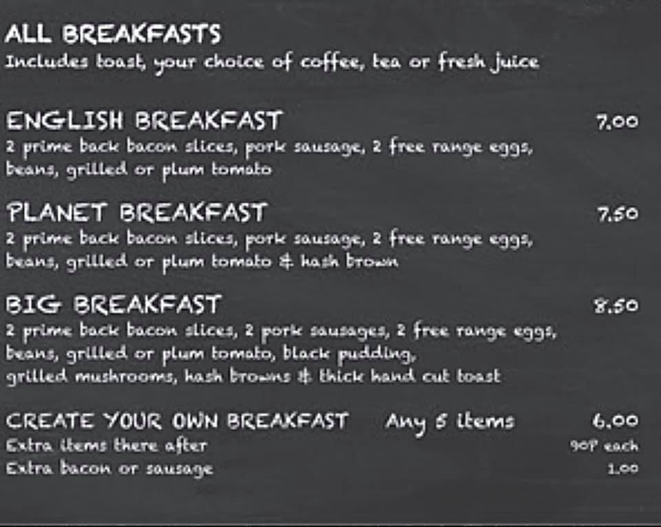Menu at The Planet Coffee restaurant, Birchwood