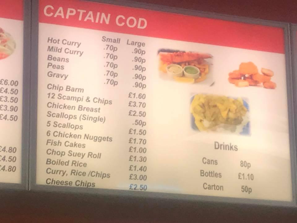 Menu at Captain Cod restaurant, Manchester, 287 Stretford Rd