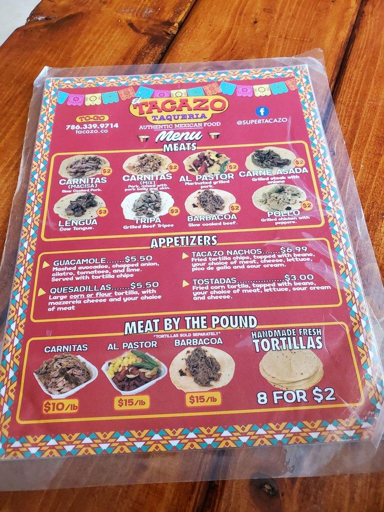 Carta del restaurante El Tacazo Taco Shop, Florida City, 26 SW 2nd Ave