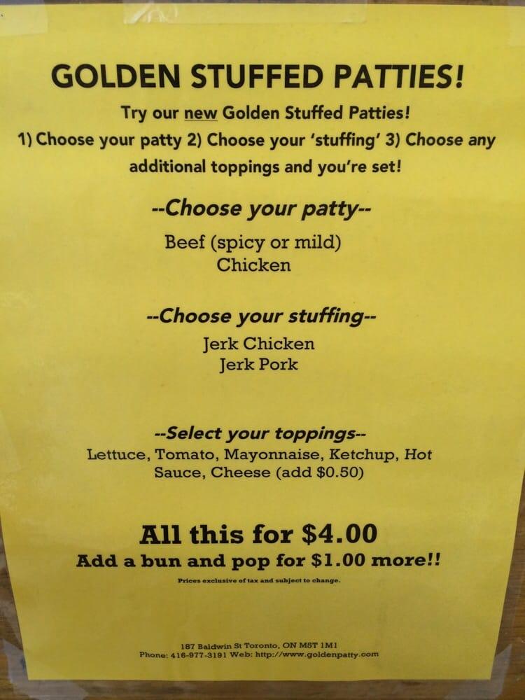 Menu at Golden Patty fast food, Toronto