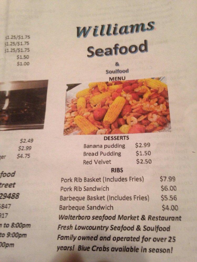 Menu at Williams Seafood restaurant, Walterboro