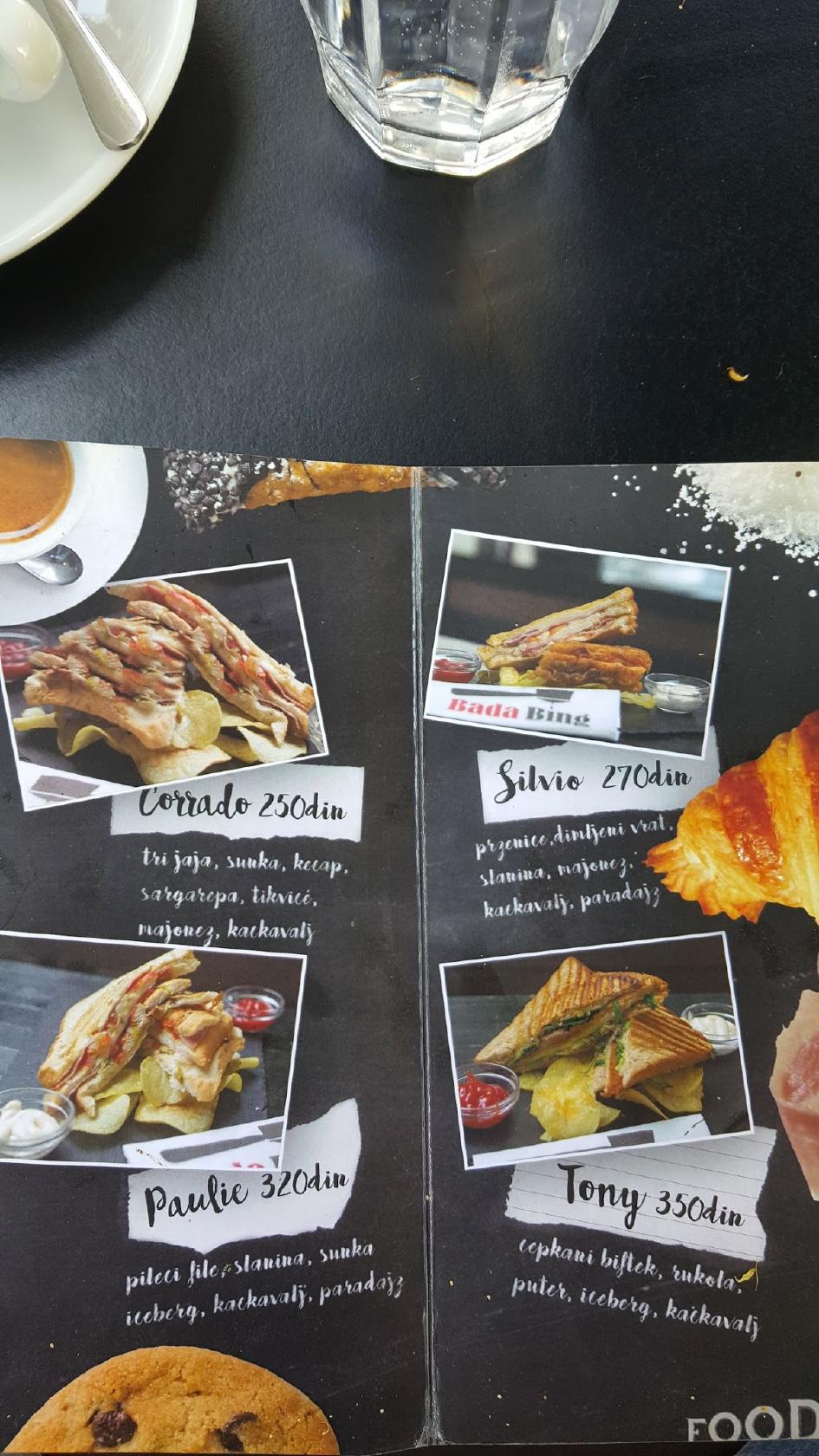 Menu at Bada Bing cafe, Belgrade