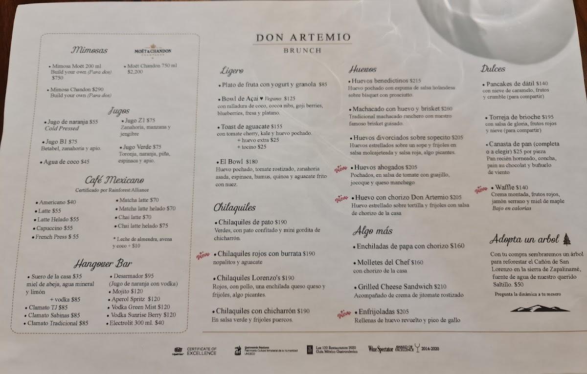 Menu at Don Artemio steakhouse, Saltillo