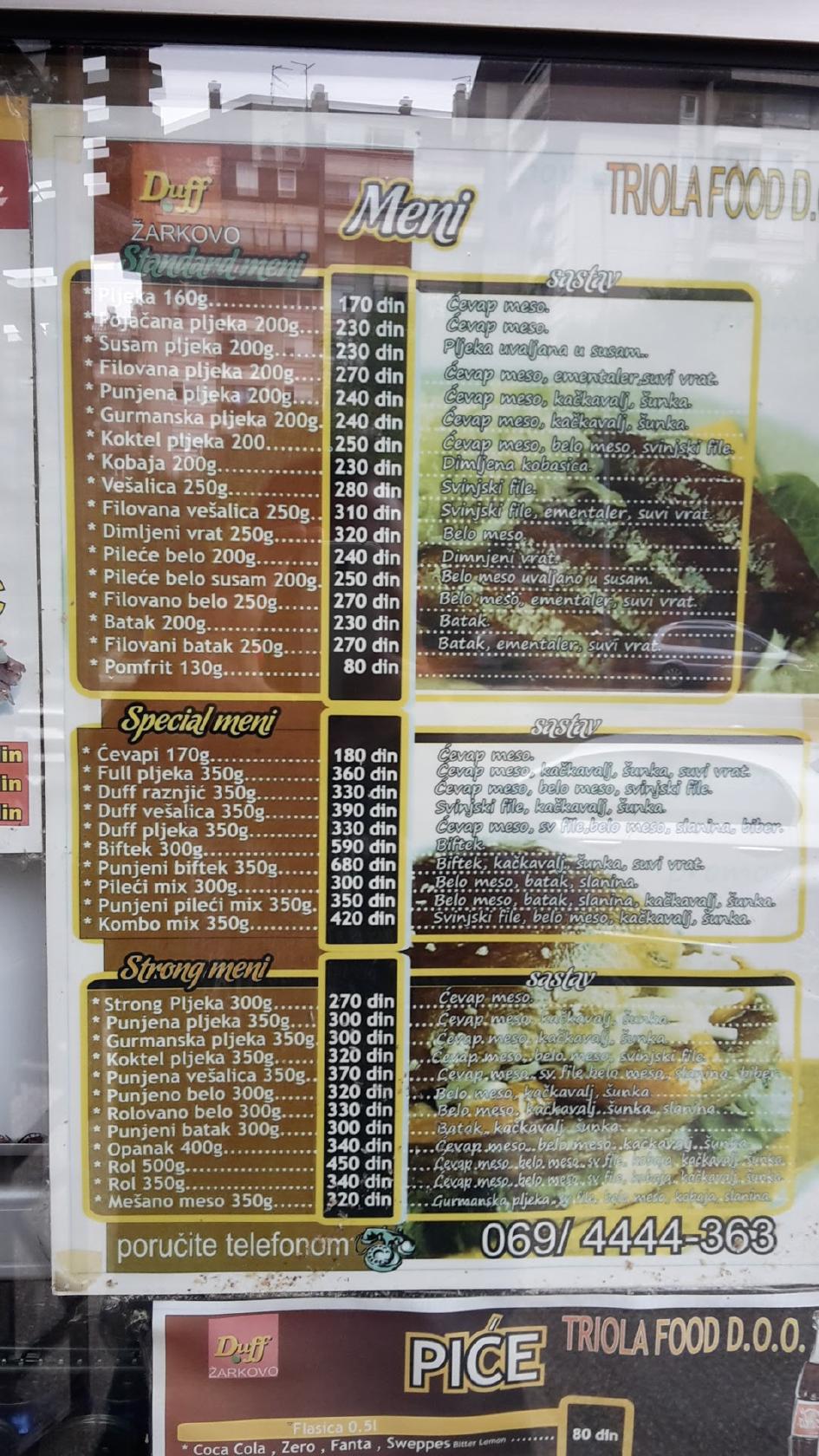 Menu at Duff restaurant, Belgrade, Trgovačka 7a