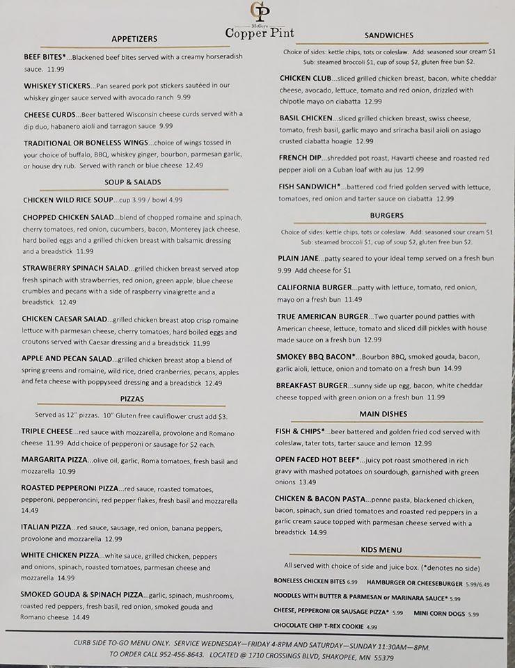 Menu at McCoys Copper Pint pub & bar, Shakopee