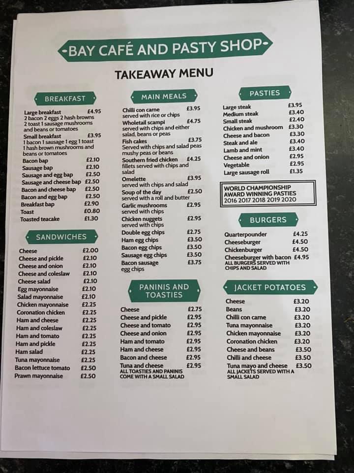 Menu at Mounts Bay Pasty Company cafe, Penzance