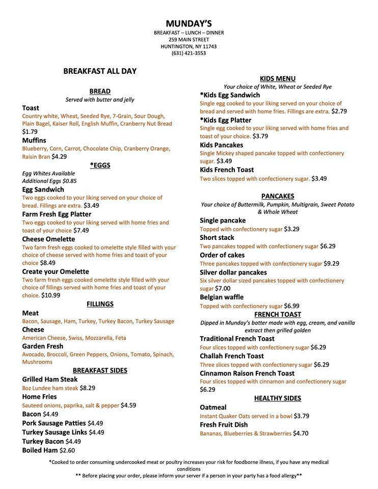 Menu at Munday's restaurant, Huntington