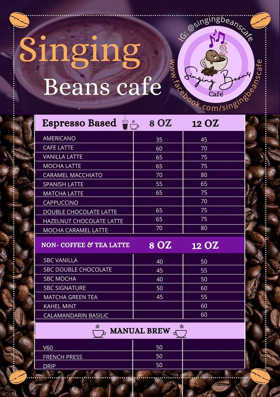 Menu at Singing Beans And Bake's Cafe, Calamba