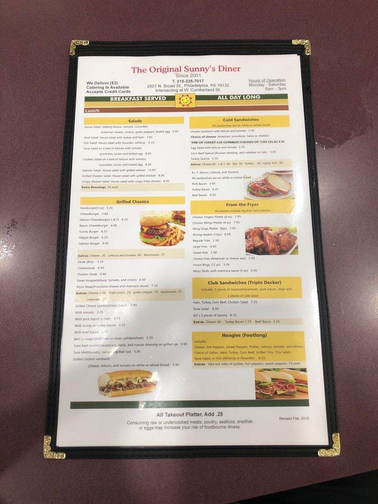 Menu at Sunny's Diner, Philadelphia, N Broad St