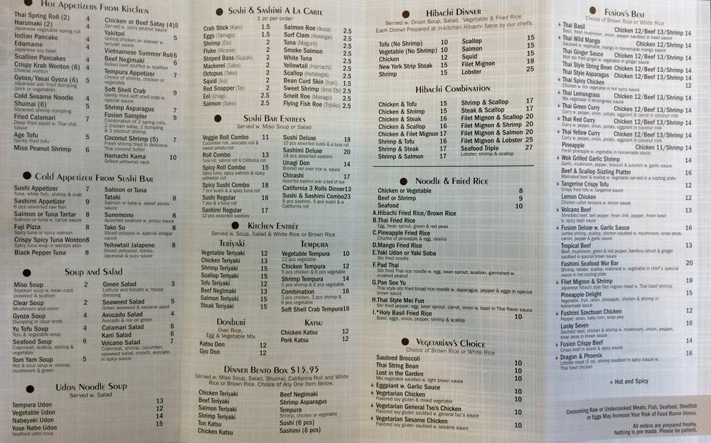 Menu at Fushimi Asian Fusion restaurant, Vestal