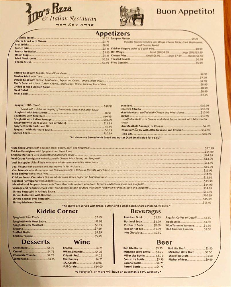 Menu at Pino's Pizza pizzeria, Courtland